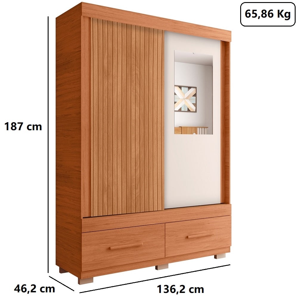 Guarda-Roupa Solteiro com Espelho 2 Portas Correr 2 Gav | Millena